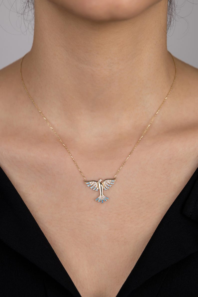 14K Phoenix Necklace, Gold Emerald Phoenix, Stoned Phoenix Necklace ...