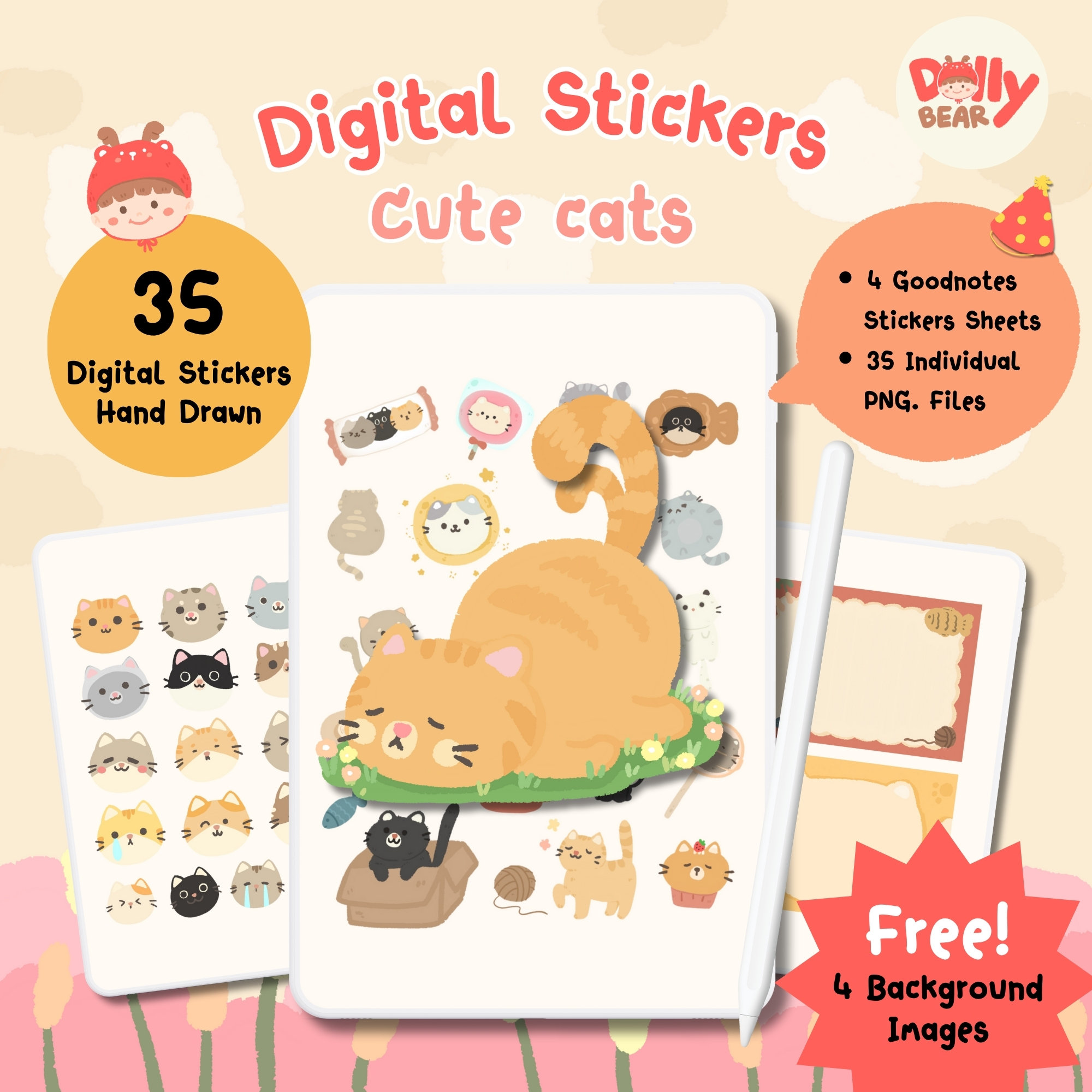 Kitty Cuteness Digital Stickers, Hand-drawn Cat, Daily Digital Stickers ...