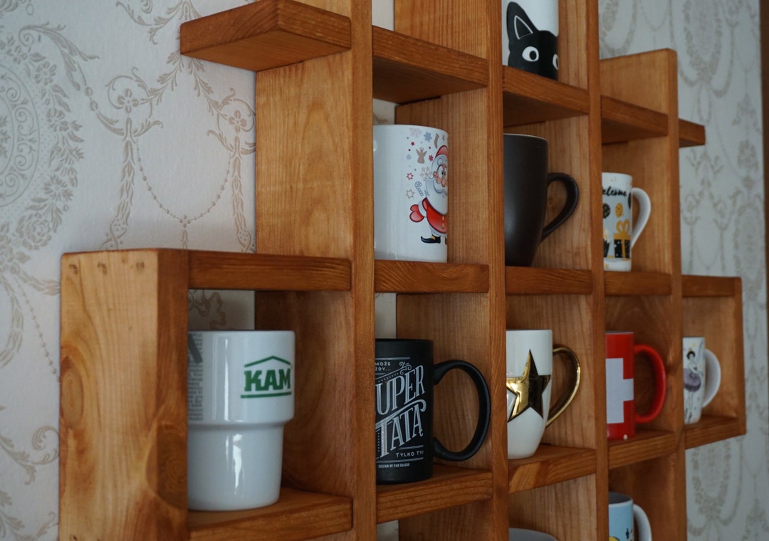 Cup Holder, Handmade Solid Wood Cup Shelf Coffee Tea Mug Shelf, Wall ...