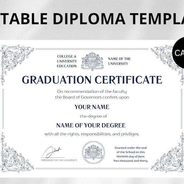 University Diploma Template - Etsy
