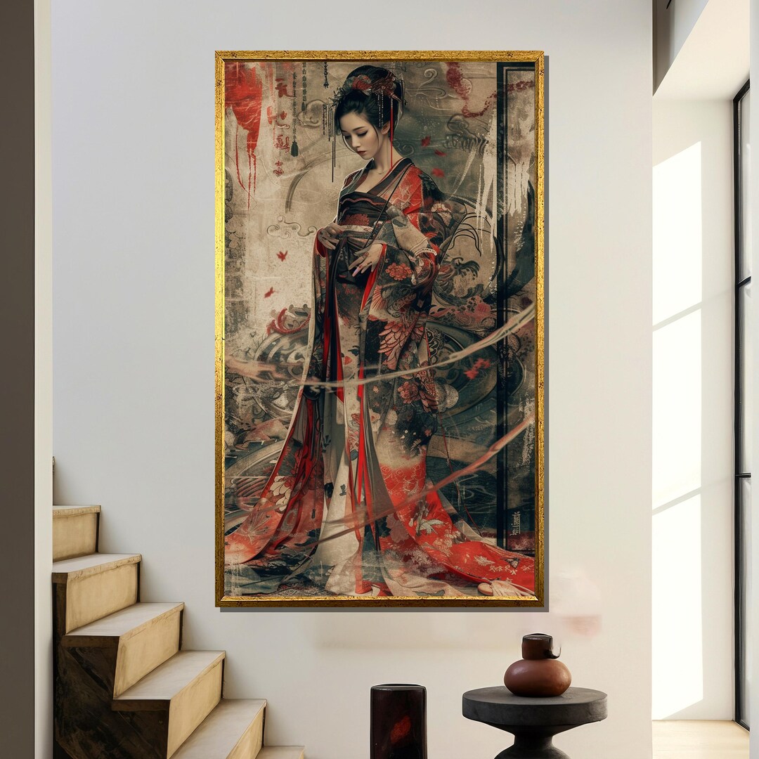 Traditional Japanese Woman Canvas Painting – Intricate Kimono Design ...
