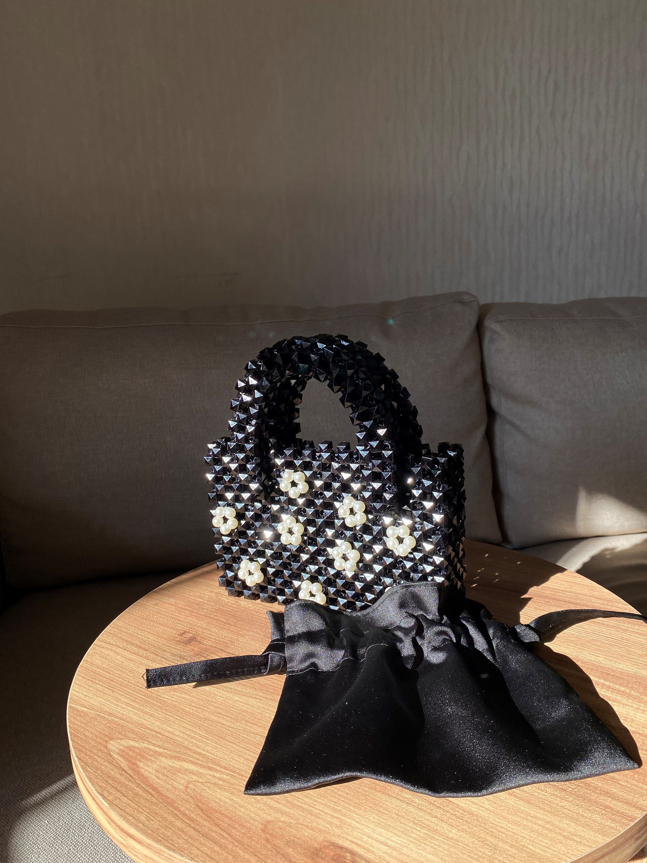 Handmade Black Beaded Clutch, Square Hand Bag, Women's Wedding Gift ...