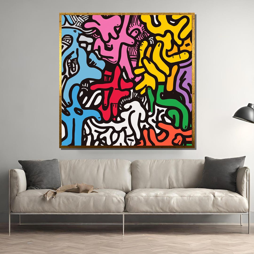 Keith Haring Inspired Canvas Painting, Colorful Graffiti Pop Art ...