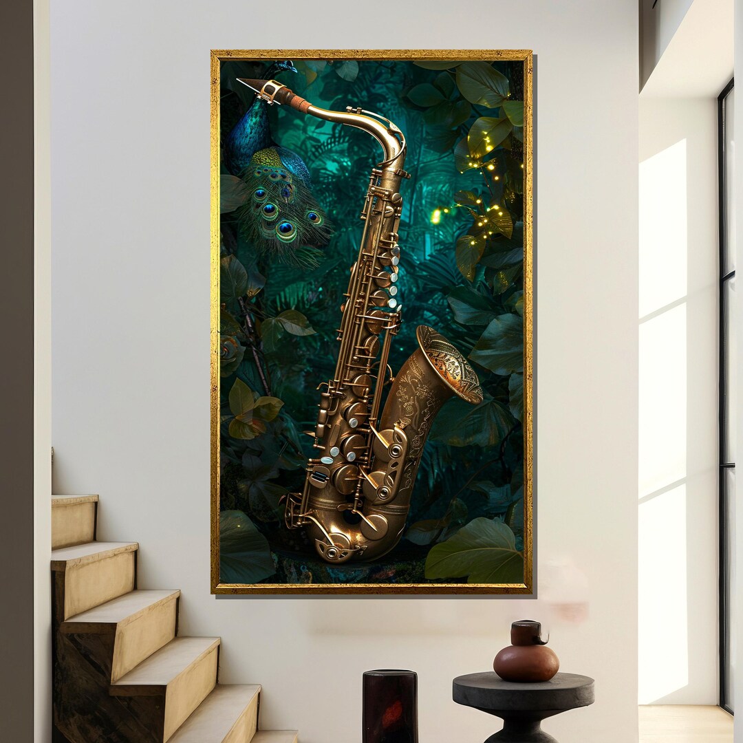 Ornate Gold Saxophone Canvas Painting – Lush Jungle Scene With Peacock ...