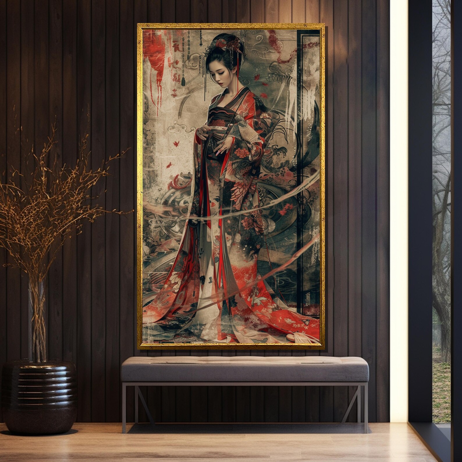 Traditional Japanese Woman Canvas Painting – Intricate Kimono Design ...