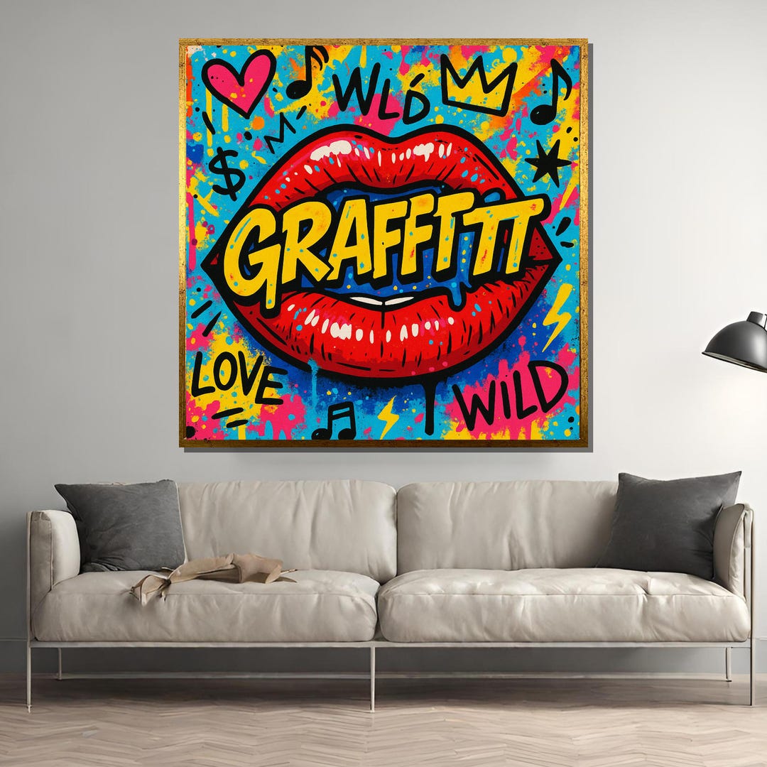 Vibrant Pop-art Canvas Painting of Bold Red Lips Graffiti Lettering ...