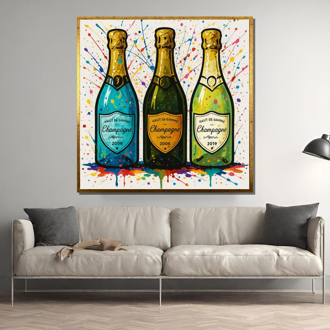 Colorful Champagne Bottle Canvas Painting, Festive Pop Art Wall Decor ...