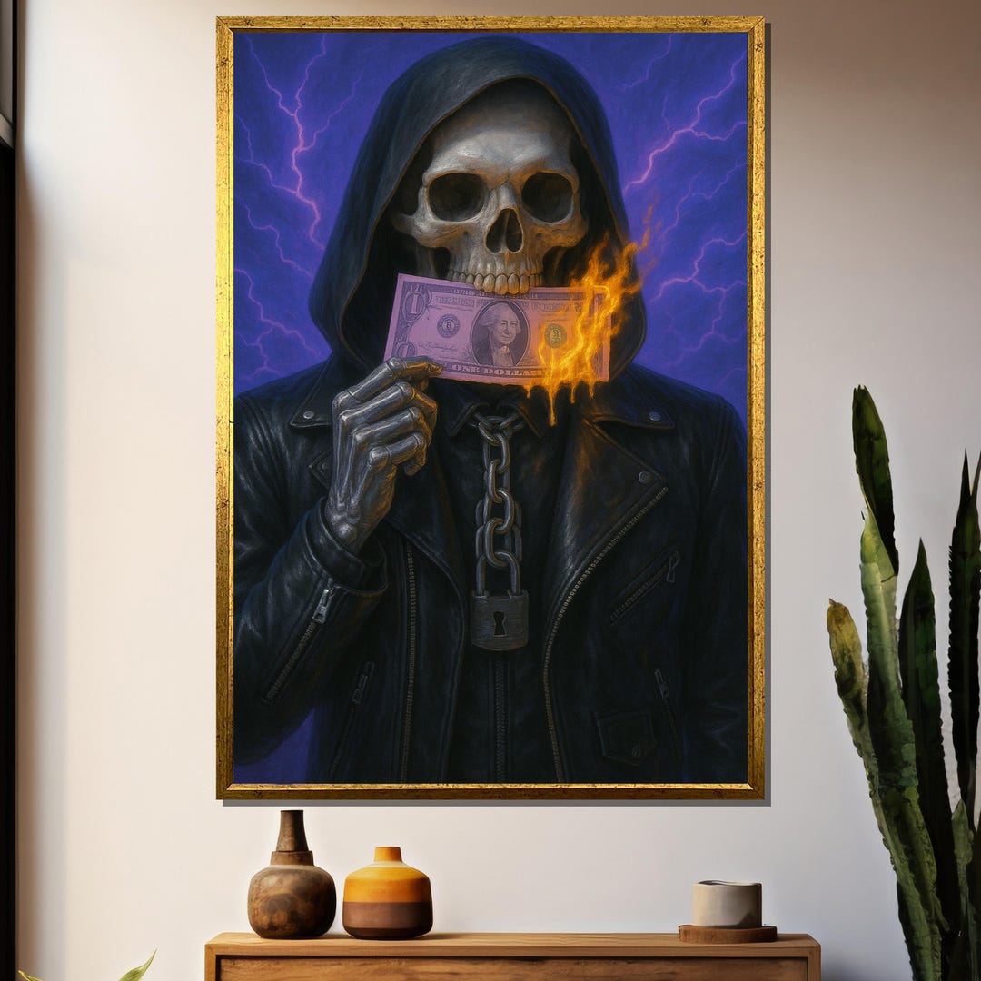 Burning Worth: A Hooded Skeleton Torching a Dollar Bill Amid Chains and ...