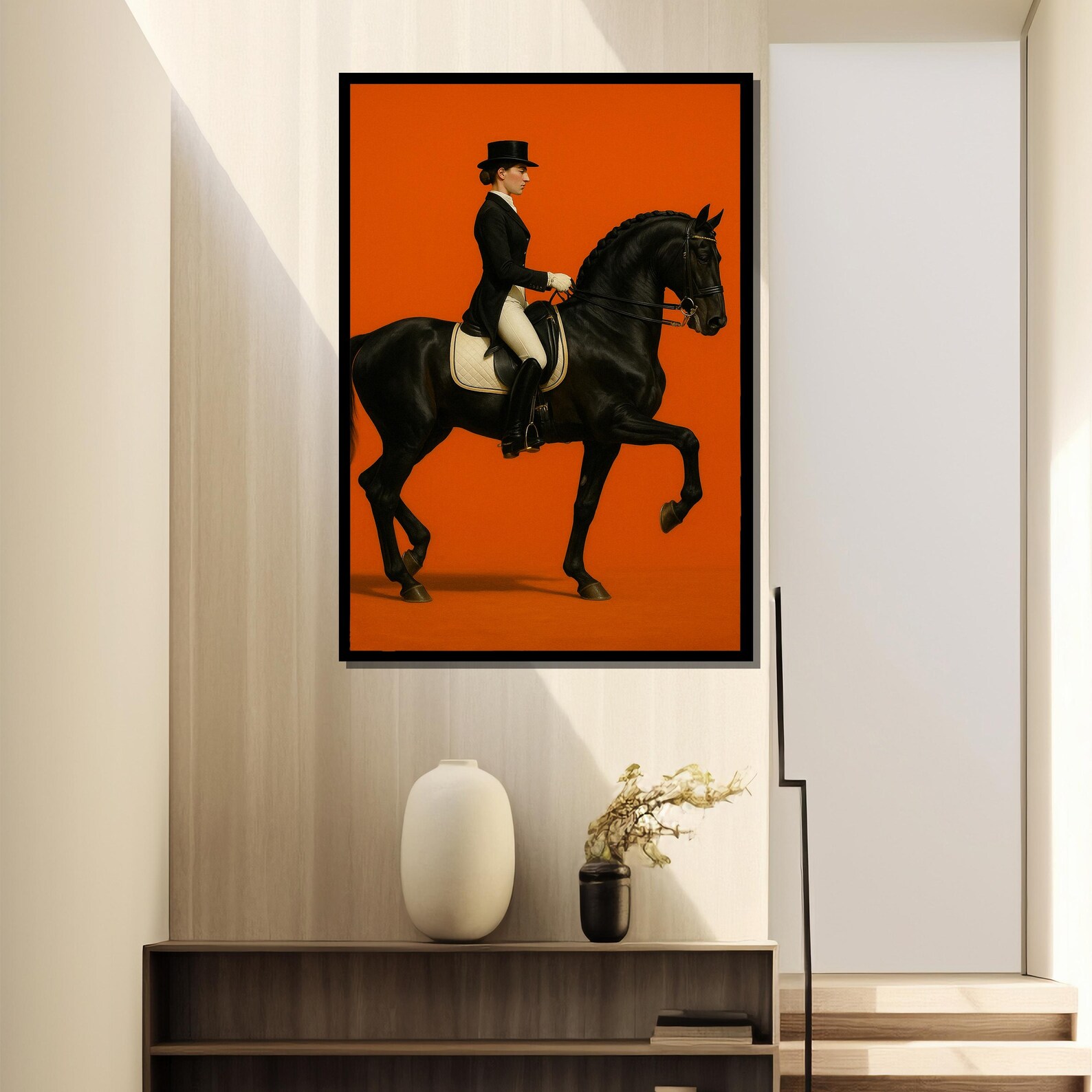 Dressage Art Print | Equestrian Portrait, Black Horse on Orange - Etsy