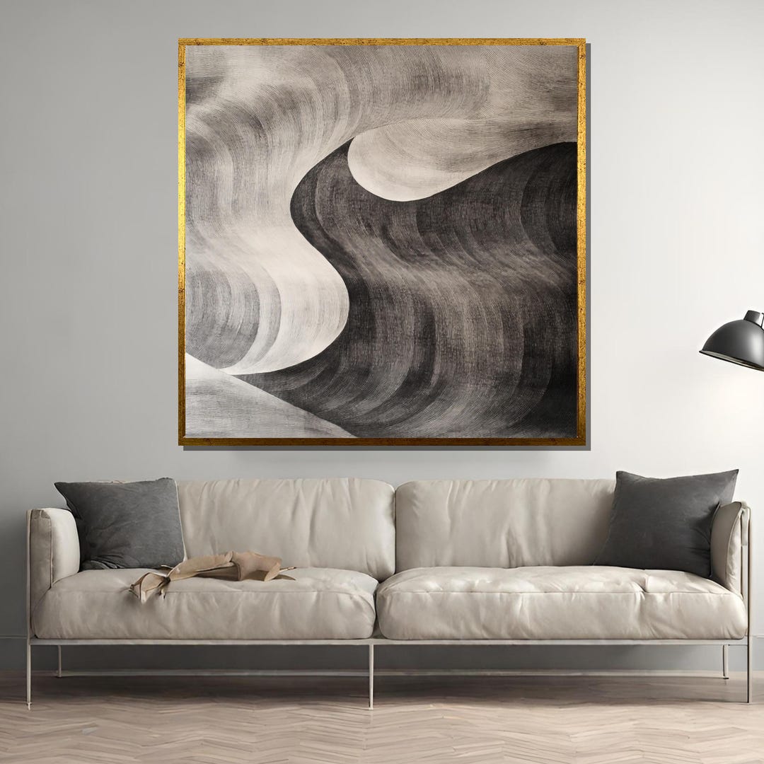 Minimalist Black and White Canvas Painting, Flowing Line Abstract Wall ...
