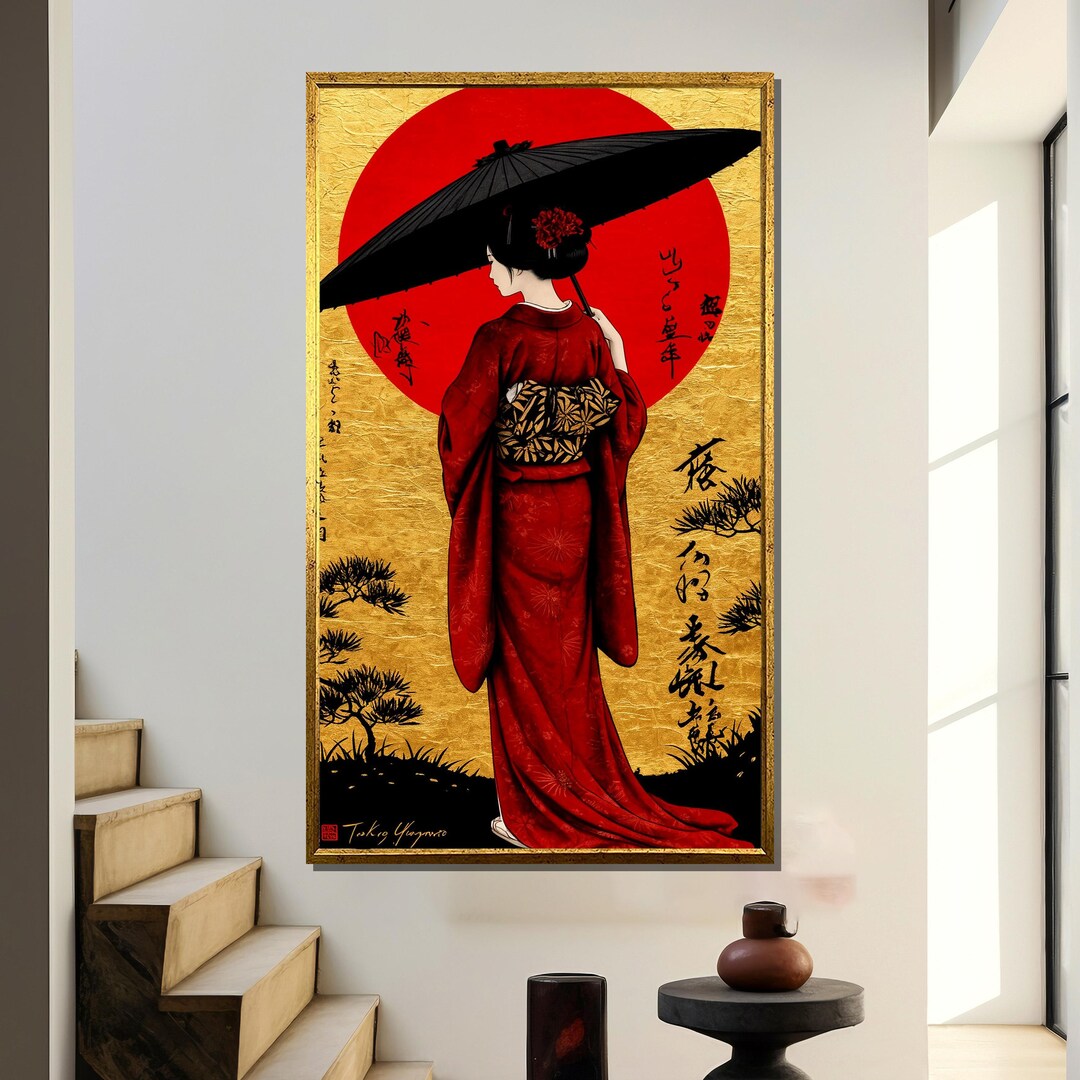 Traditional Japanese Geisha Canvas – Elegant Red Kimono Wall Art With ...