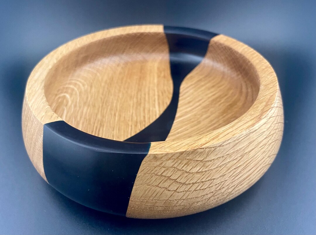 Oak Hand Turned Wood Bowl With Dark Blue Epoxy Inlay. - Etsy