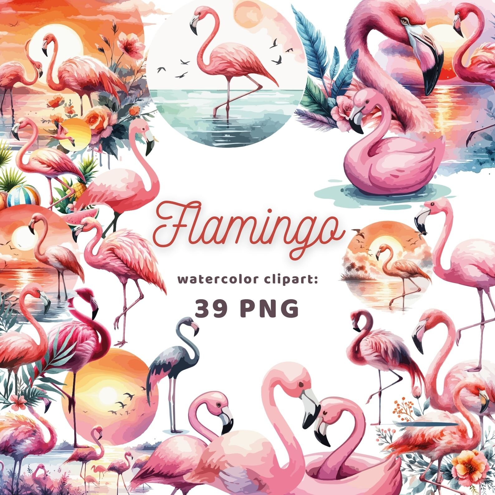 Flamingo Watercolor Clipart Sticker PNG Bundle Digital Download ...