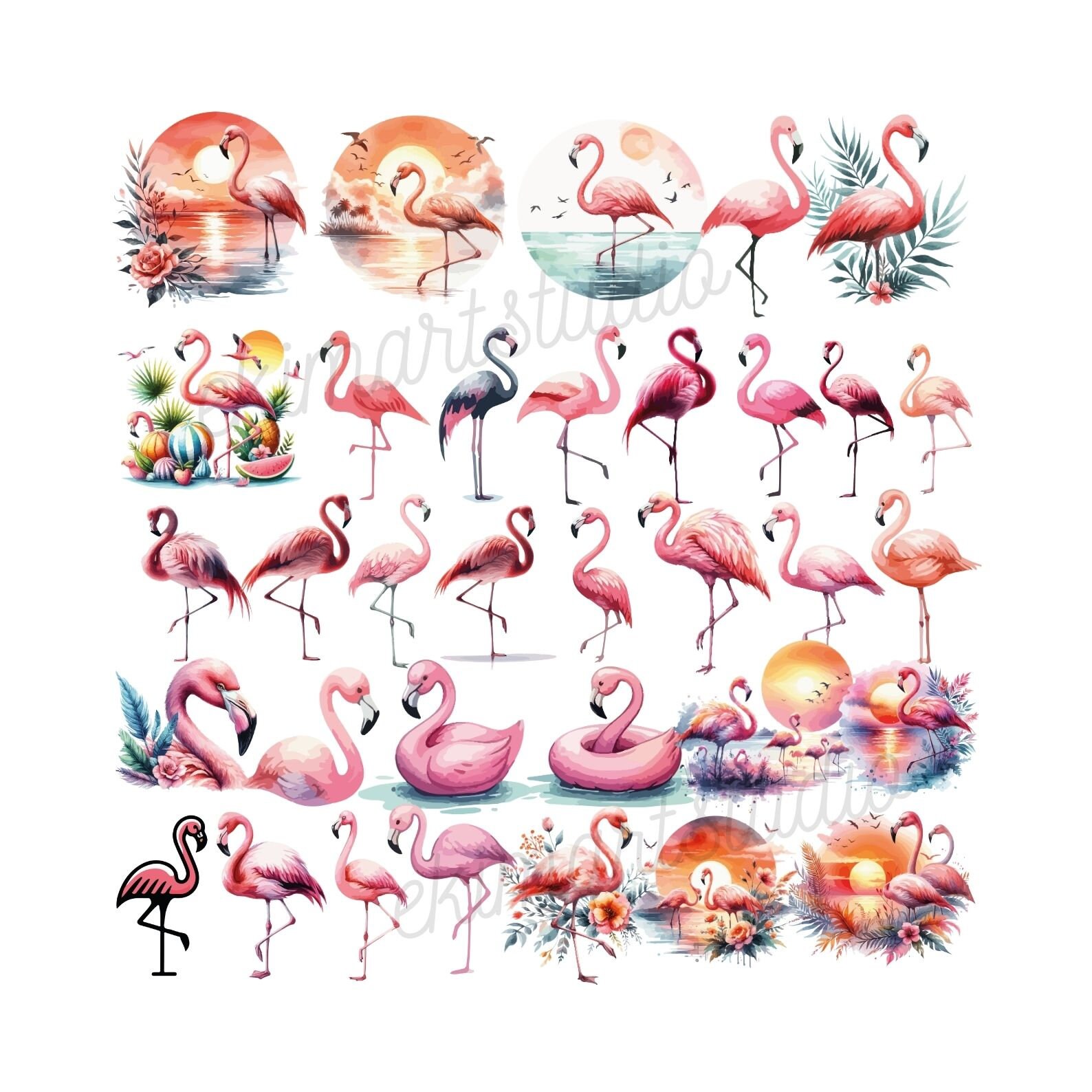 Flamingo Watercolor Clipart Sticker PNG Bundle Digital Download ...