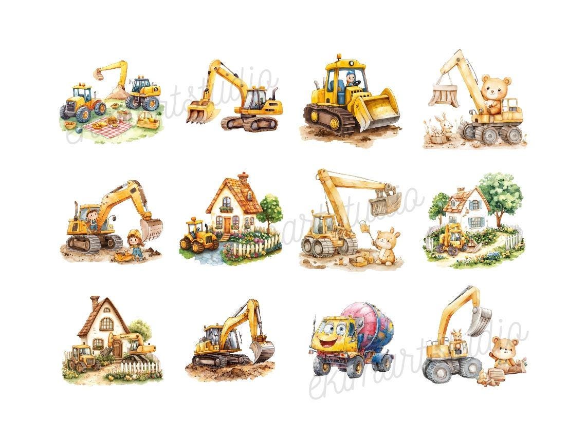 Cute Construction Watercolor Clipart | Sticker | PNG Bundle | Digital ...