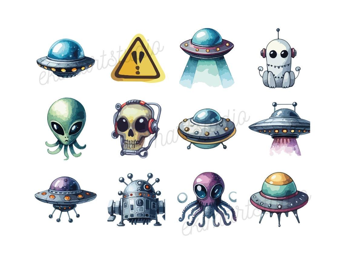 Aliens Watercolor Clipart | Alien PNG | PNG Bundle | Cute Alien Clipart ...