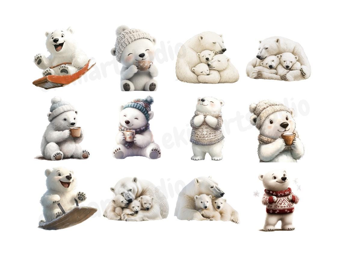 Christmas Polar Bear Watercolor Clipart | Polar Bear PNG | PNG Bundle ...