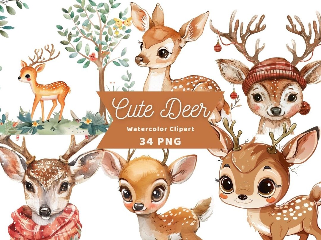Cute Deer Watercolor Clipart | Sticker | PNG Bundle | Digital Download ...