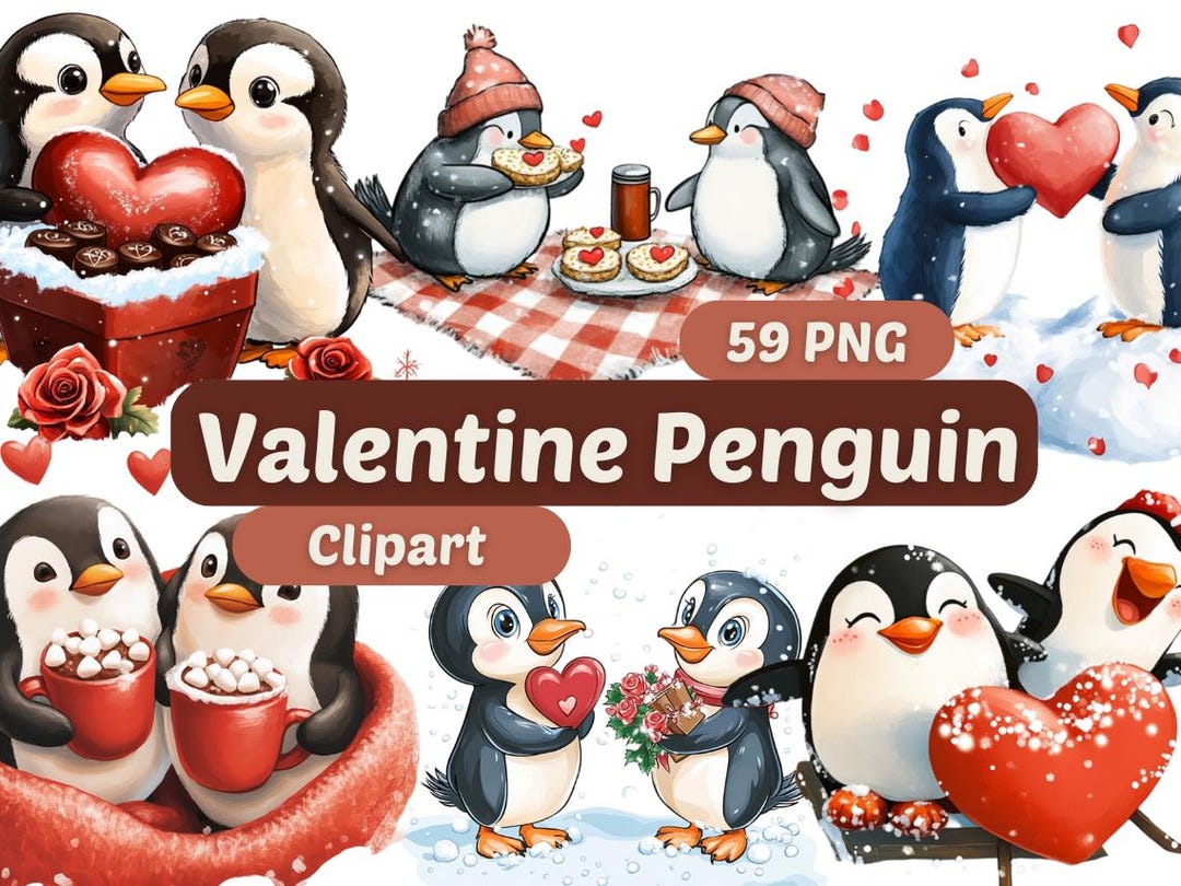 Valentine Penguin Clipart | Cute Penguin PNG | PNG Bundle | Cute ...