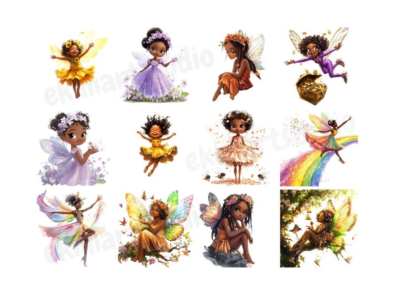 Watercolor Cute Little Afro Fairy Clipart | Afro Fairy PNG | PNG Bundle ...