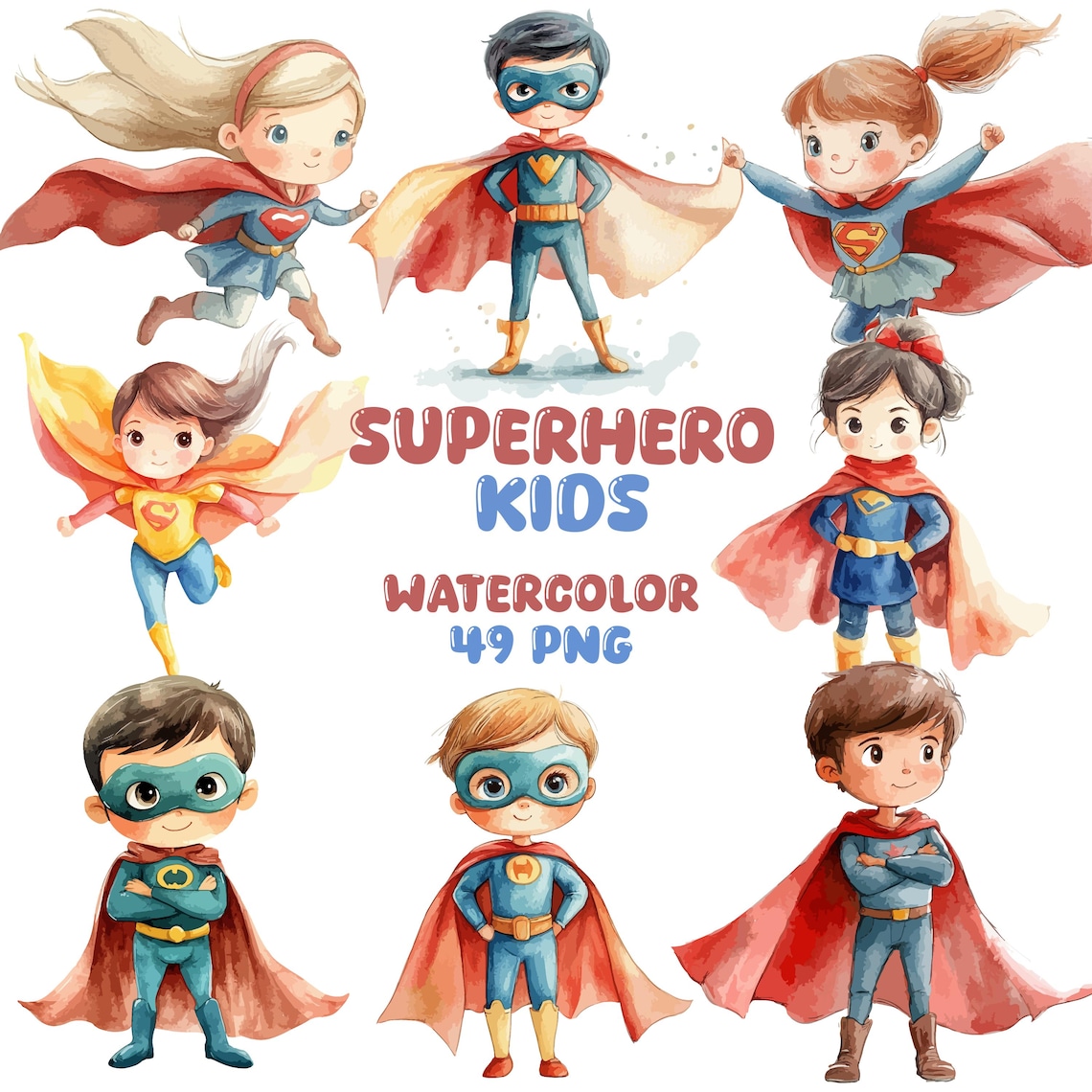 Superhero Kids Watercolor Clipart | Superhero Sticker | PNG Bundle ...