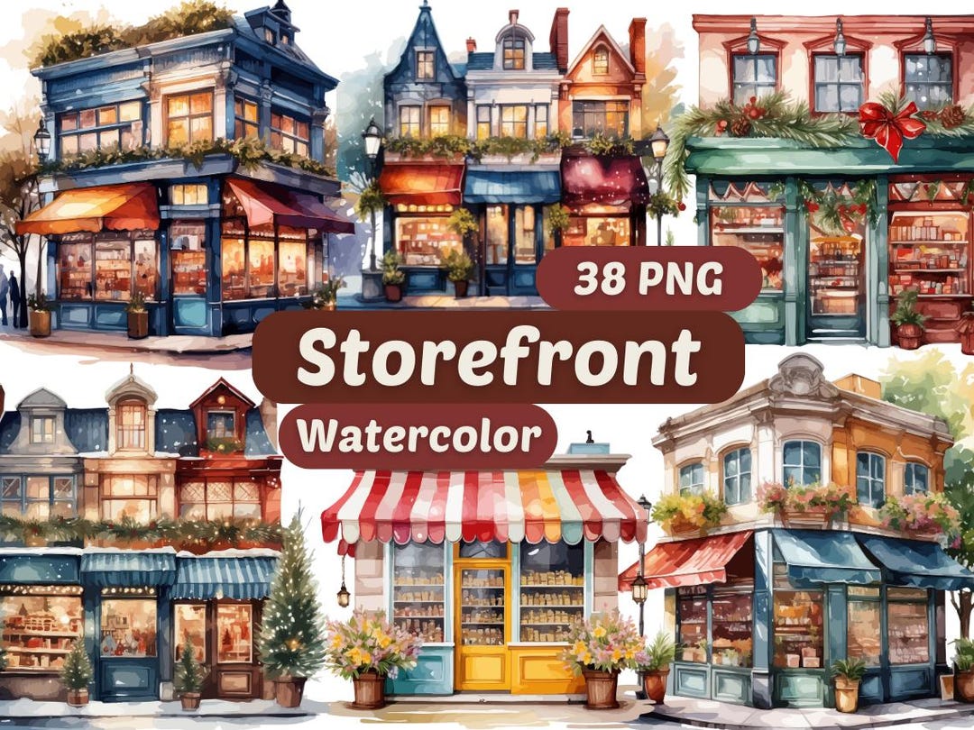 Storefronts Watercolor Clipart | PNG Bundle | Shop Front Illustrations ...