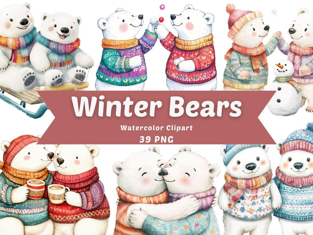 Cute Winter Bears Watercolor Clipart | Sticker | PNG Bundle | Animals ...