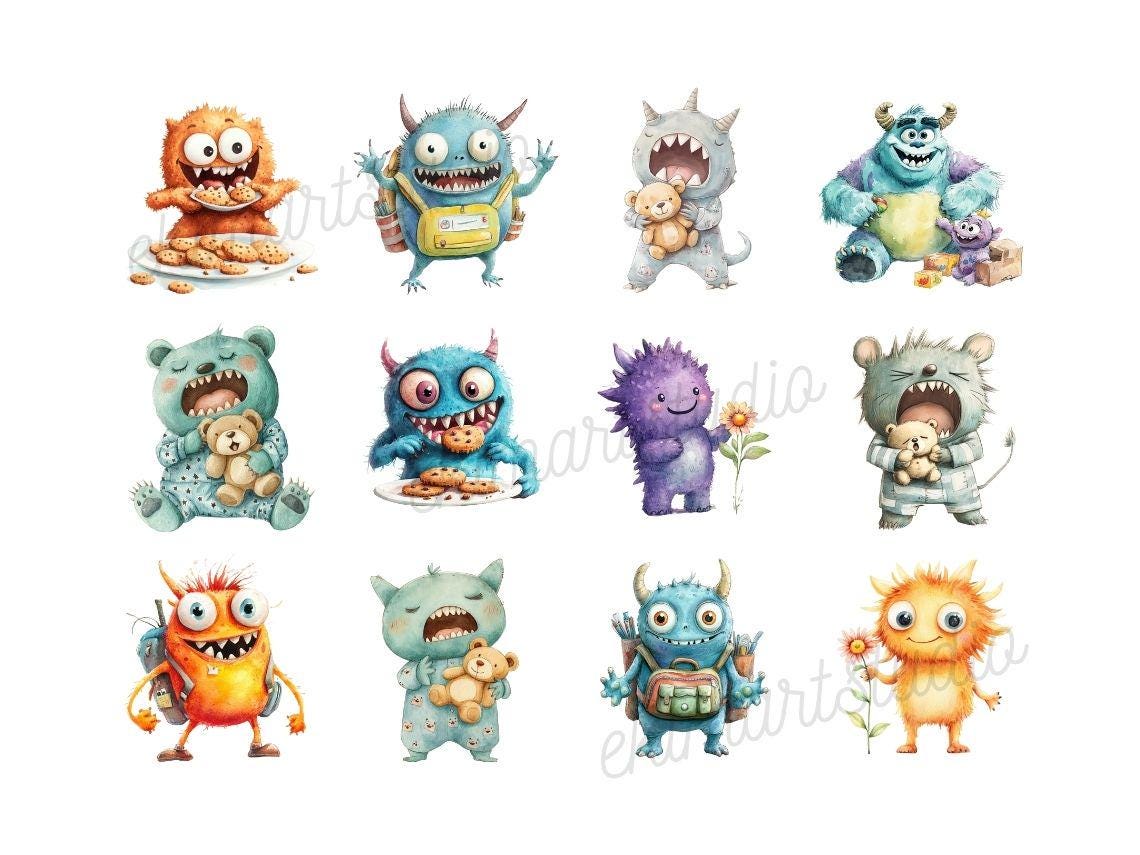 Cute Monsters Watercolor Clipart | Sticker | PNG Bundle | Digital ...