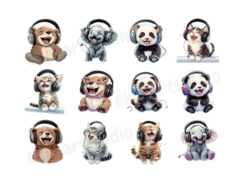 Funny Animals Clipart | Headphone Animals PNG | PNG Bundle | Cute ...