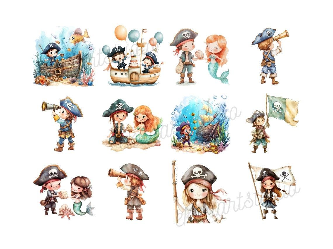 Cute Pirates Watercolor Clipart | Pirate | PNG Bundle | Digital ...