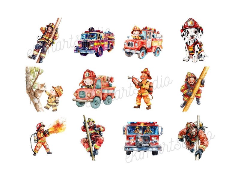 Cute Firefighters Watercolor Clipart | Fire Department PNG | PNG Bundle ...