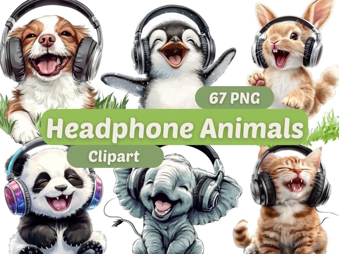 Funny Animals Clipart | Headphone Animals PNG | PNG Bundle | Cute ...