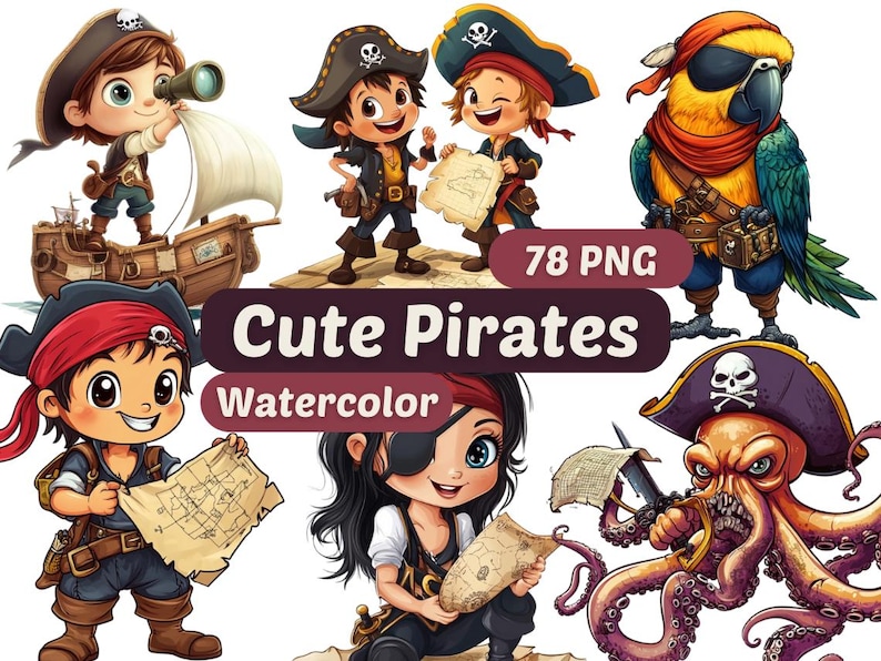 Cute Pirates Watercolor Clipart | Pirates PNG | PNG Bundle | Digital ...