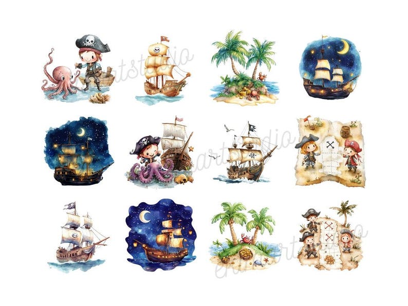 Cute Pirates Watercolor Clipart | Pirate | PNG Bundle | Digital ...