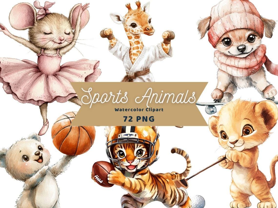 Sports Animals Watercolor Clipart | Sports Clipart | PNG Bundle ...