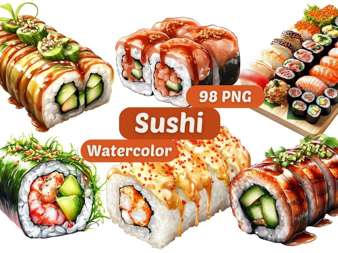 Sushi Watercolor Clipart | Sushi Roll PNG | PNG Bundle | Food Clipart ...