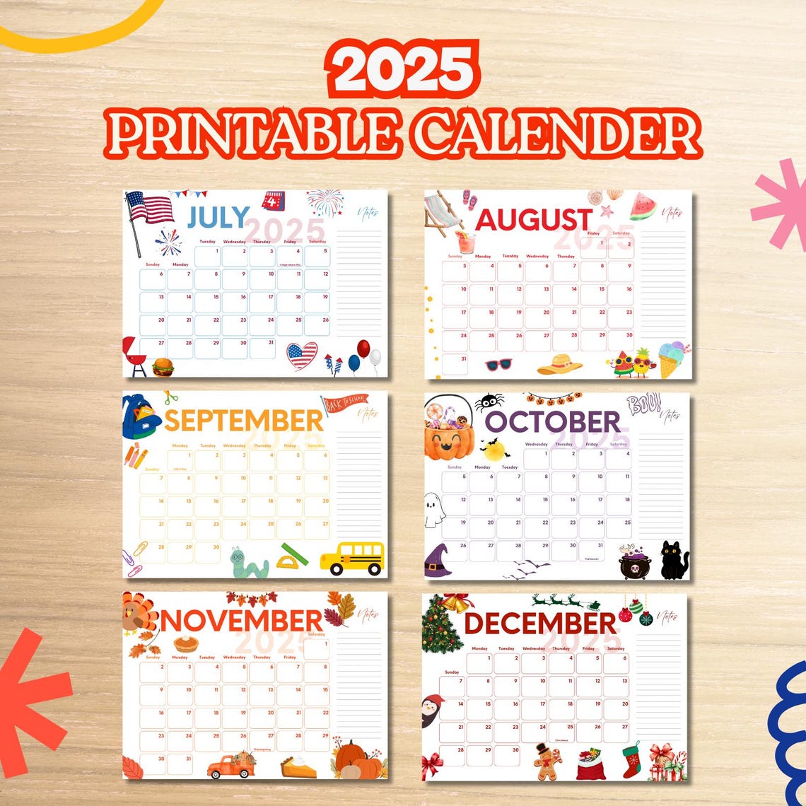 2025 Calendar Printable I Cute Kids Calendar 2025 I Wall Calendar PDF I ...