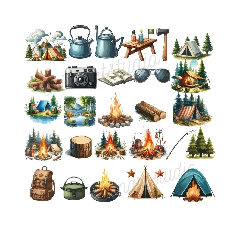 Camping Watercolor Clipart | Sticker | PNG Bundle | Digital Download ...