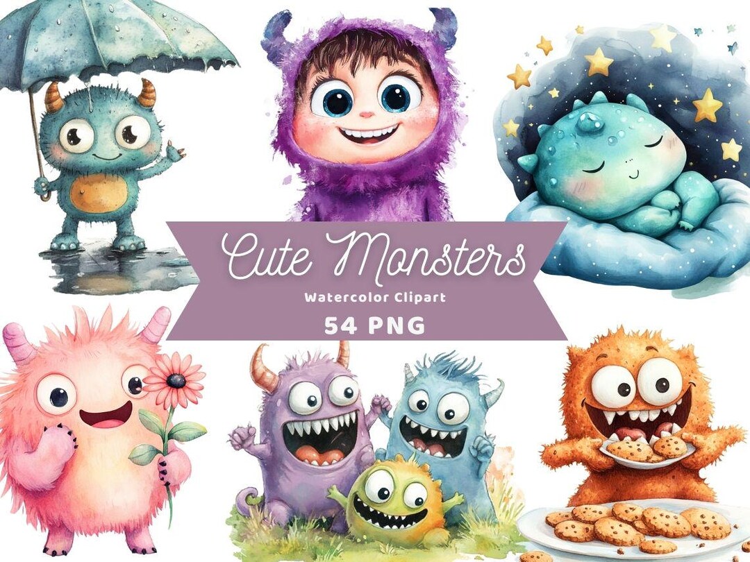 Cute Monsters Watercolor Clipart | Sticker | PNG Bundle | Digital ...