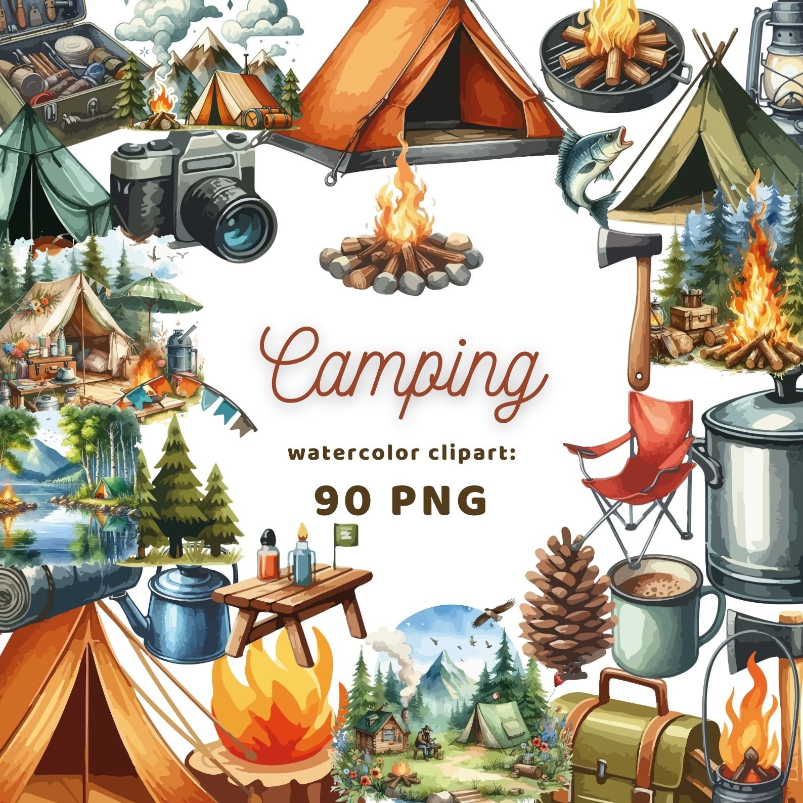 Camping Watercolor Clipart | Sticker | PNG Bundle | Digital Download ...