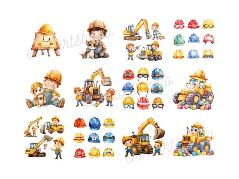 Cute Construction Watercolor Clipart | Sticker | PNG Bundle | Digital ...
