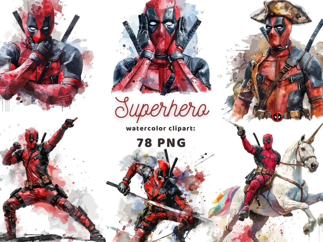 Superhero Watercolor Clipart Deadpool Sticker PNG Bundle Digital ...