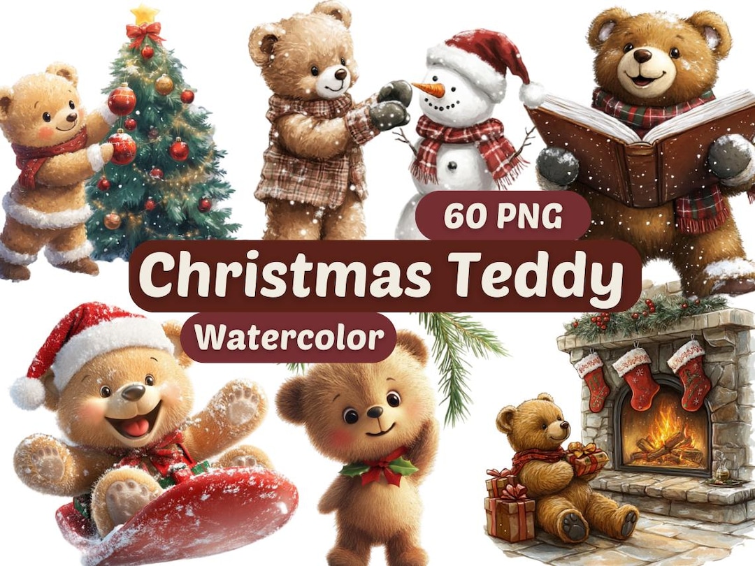 Christmas Teddy Bear Watercolor Clipart | Teddy Bear PNG | PNG Bundle ...