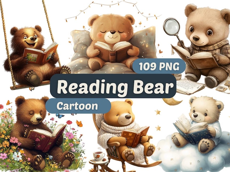 Reading Bear Watercolor Clipart | Cute Bear PNG | PNG Bundle | Teddy ...