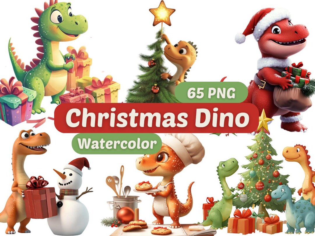 Christmas Dinosaur Watercolor Clipart | Cute Dino PNG | PNG Bundle ...