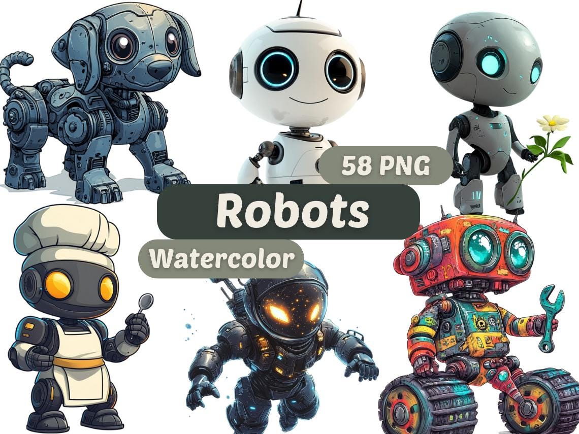Robots Watercolor Clipart | Robots PNG | PNG Bundle | Watercolor ...