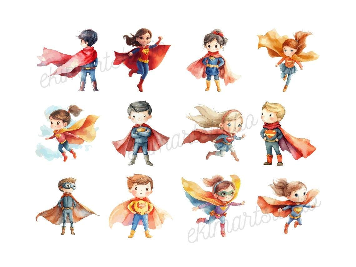 Superhero Kids Watercolor Clipart | Superhero Sticker | PNG Bundle ...