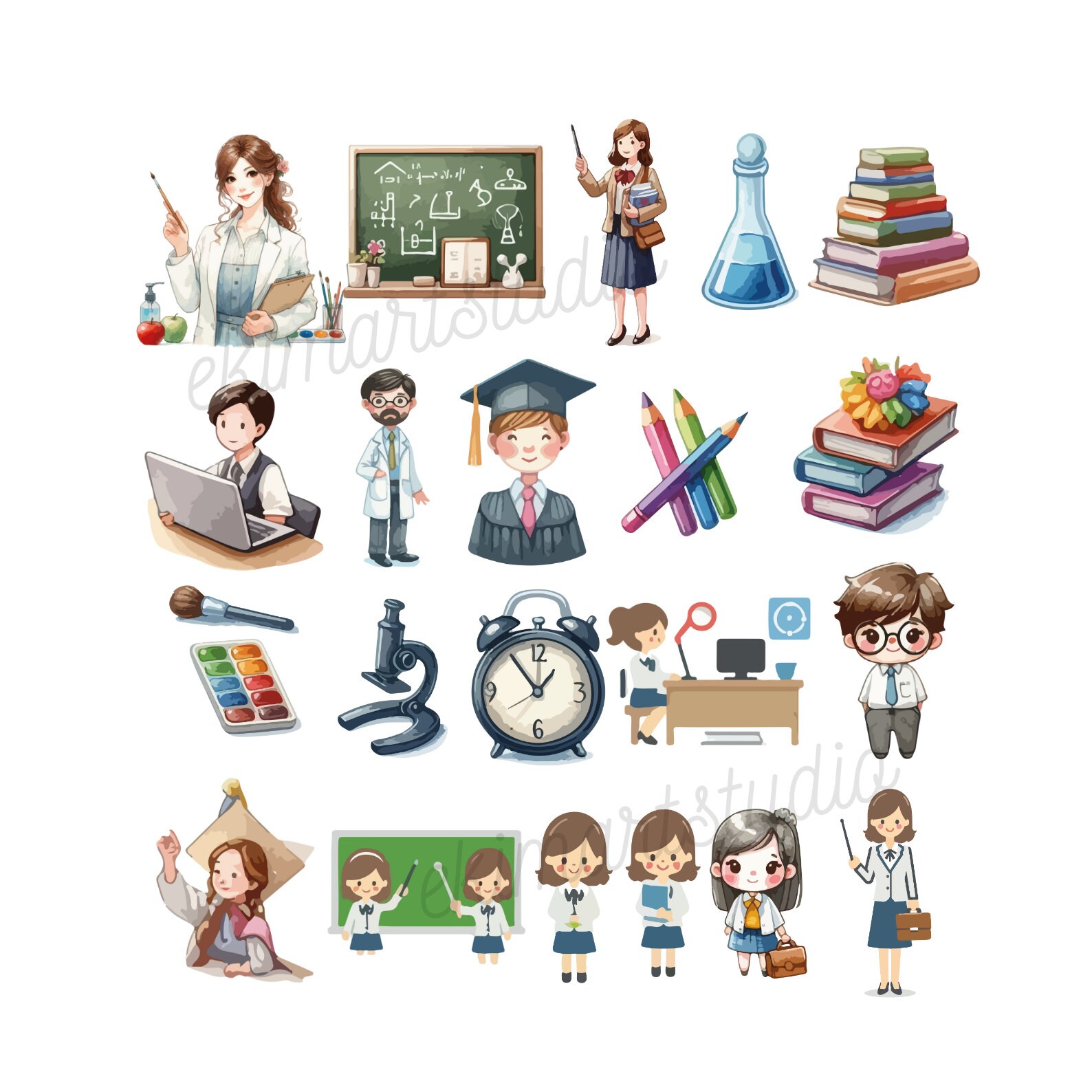 Teacher School Watercolor Clipart Sticker PNG Bundle Digital Download ...