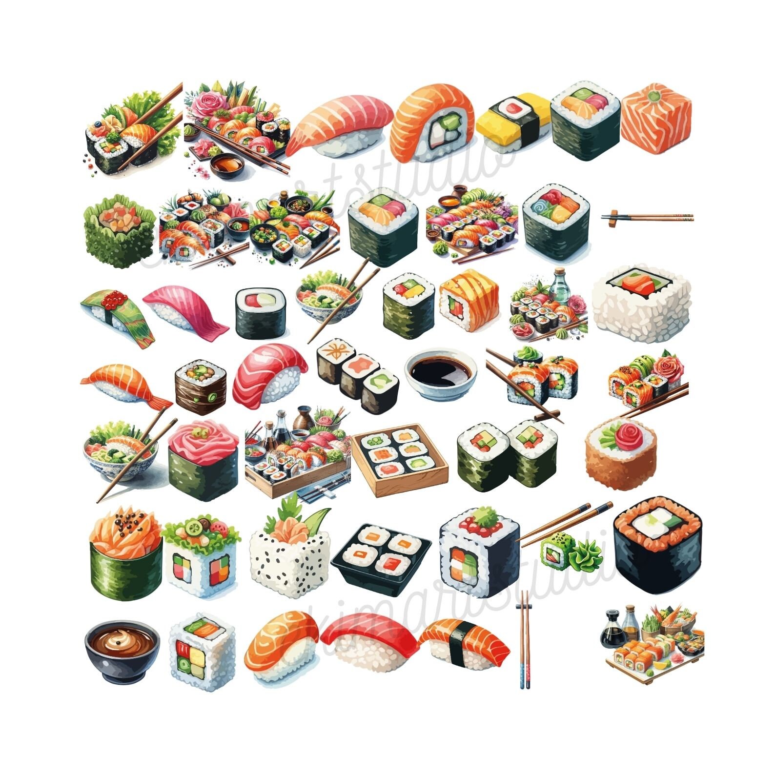 Sushi Watercolor Clipart Sticker PNG Bundle Digital Download Watercolor ...
