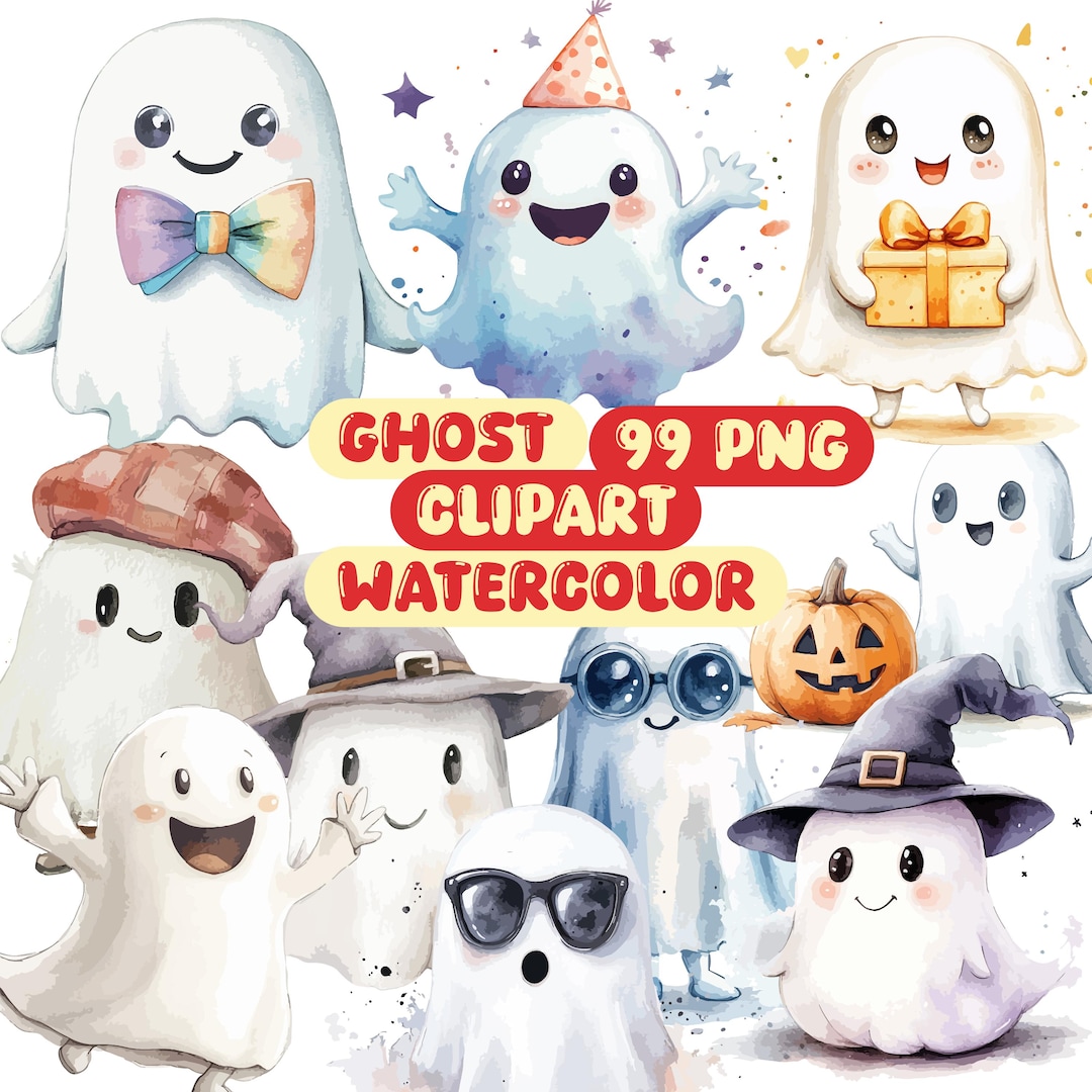Cute Ghosts Watercolor Clipart | Sticker | PNG Bundle | Ghost Clipart ...